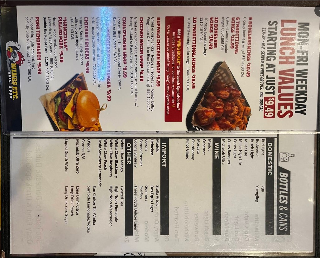 Wings Etc. Restaurant Menu | South Bend Wings, Burgers & Beer